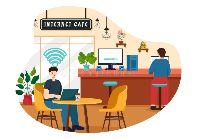 Internet Cafe Vector Illustration with Building for Young People ...