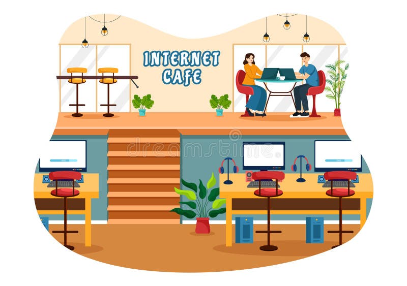 Internet Cafe Vector Illustration with Building for Young People ...
