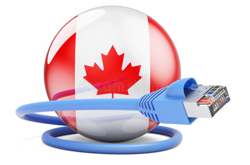 Internet Connection in Canada. Lan Cable with Canadian Flag. 3D ...