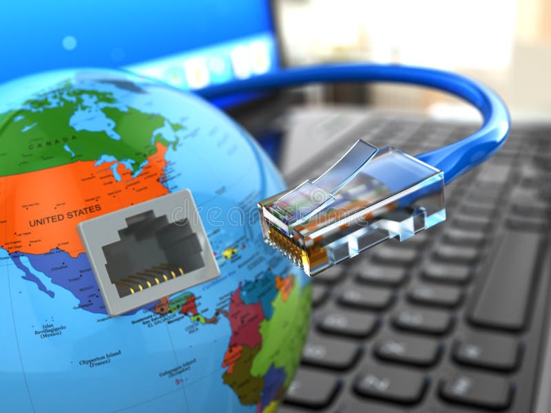 Internet Concept. Laptop, Earth and Ethernet Cable Stock Illustration ...