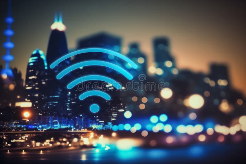 Internet Conection and Technology Concept. Wifi Icon Over City Skyline ...