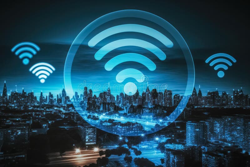 Internet Conection and Technology Concept. Wifi Icon Over City Skyline ...