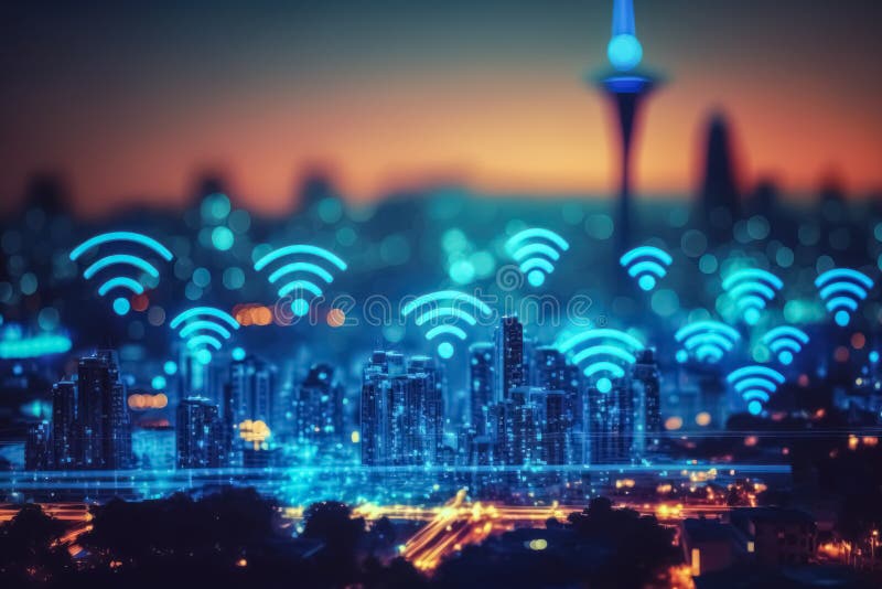 Internet Conection and Technology Concept. Wifi Icon Over City Skyline ...