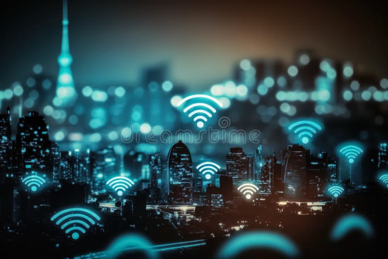 Internet Conection and Technology Concept. Wifi Icon Over City Skyline ...
