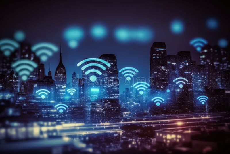 Internet Conection and Technology Concept. Wifi Icon Over City Skyline ...