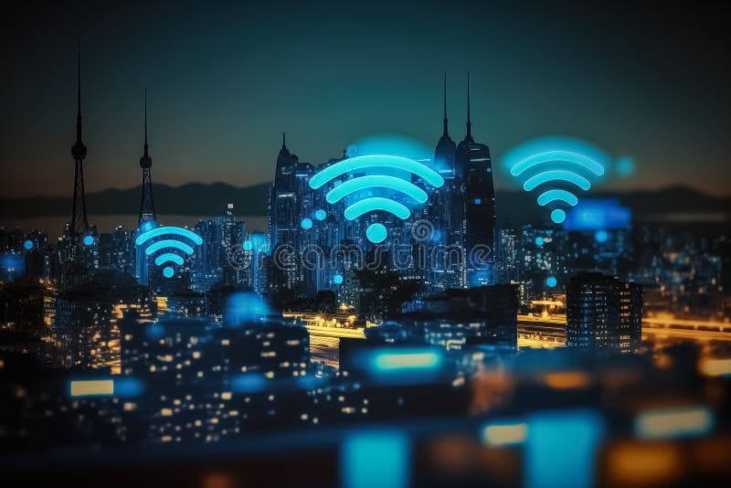 Internet Conection and Technology Concept. Wifi Icon Over City Skyline ...