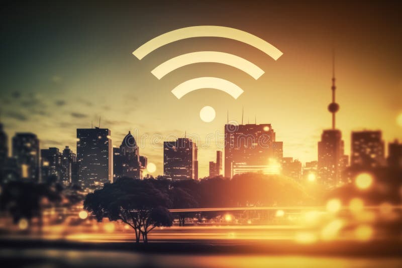 Internet Conection and Technology Concept. Wifi Icon Over City Skyline ...