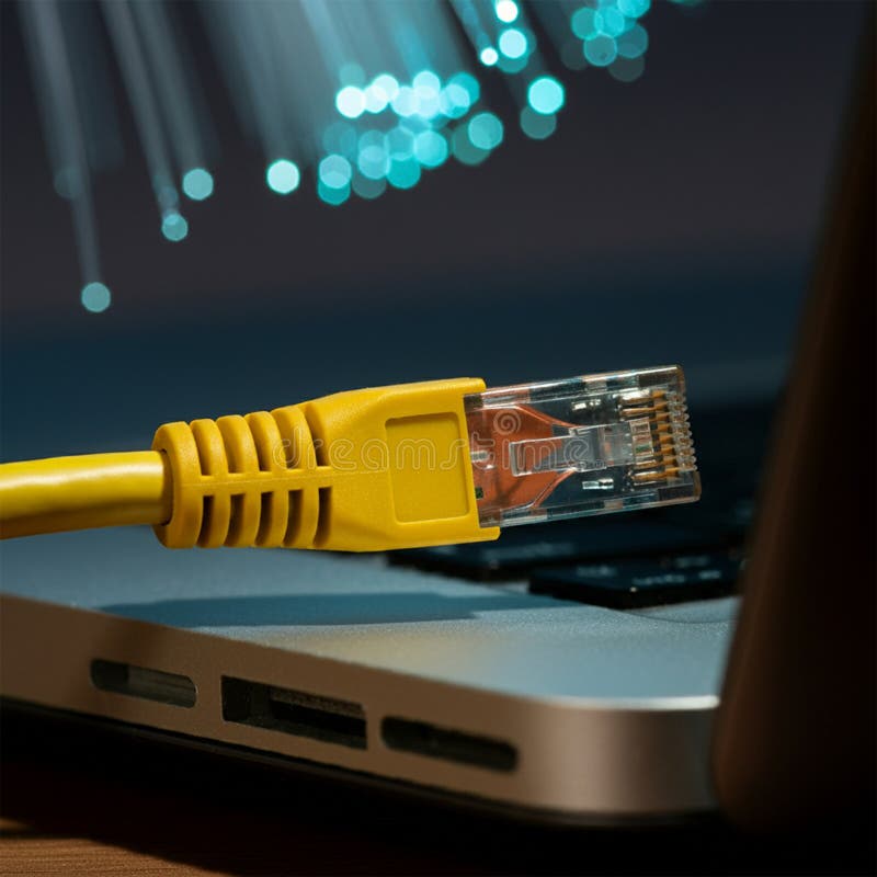 Internet Connection Cable on Laptop on Table, Unfocused Fiber Optic ...