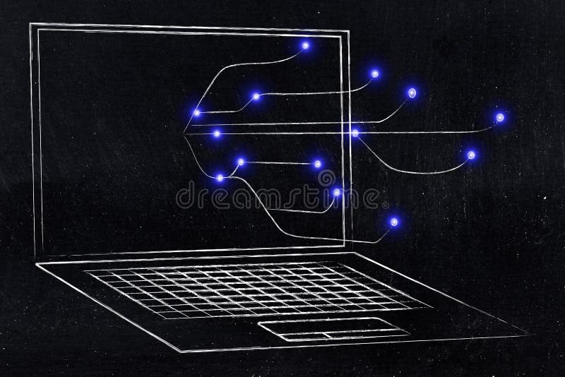 Internet Connection Lines with Led Nodes Popping Out of Laptop S Stock ...