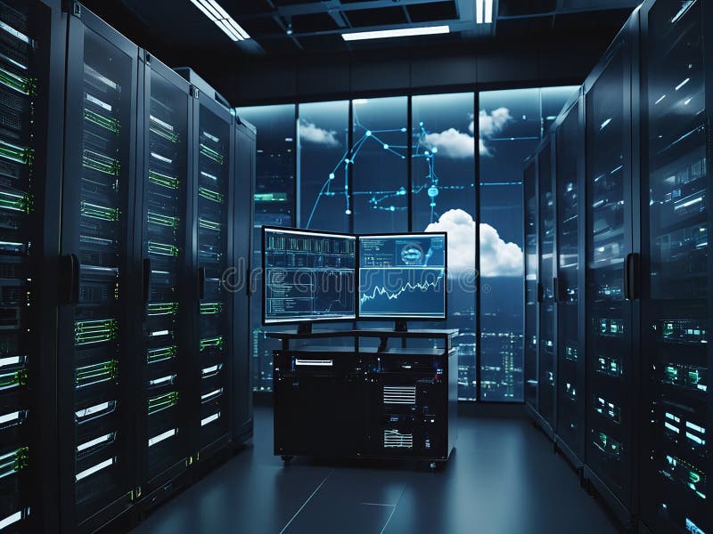 Internet Data Center and Cloud Services Concept Blue Hues with Wall of ...