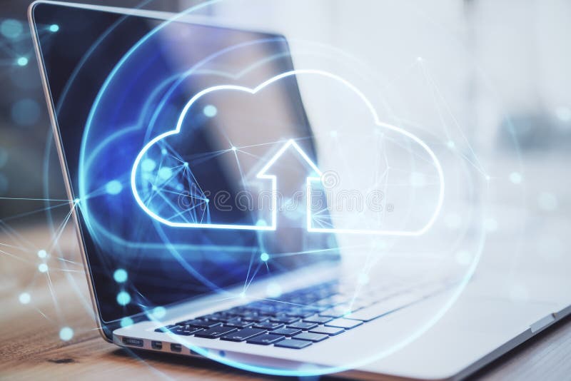 Internet Data Storage and Computing Network Concept with Digital Glowing Cloud Symbol with Arrow ...