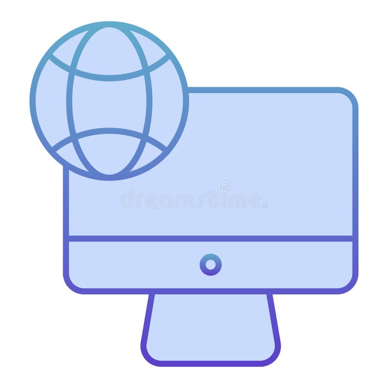 Internet on Desktop Flat Icon. Computer with Planet Blue Icons in ...