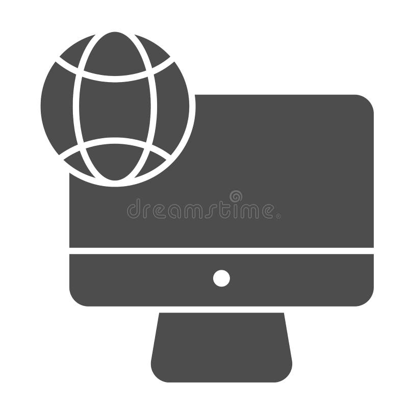 Internet on Desktop Solid Icon. Computer with Planet Vector ...