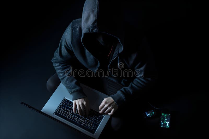 Internet Hacker Sitting at Personal Computer Laptop Tablet Stock ...