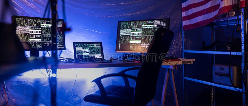 Internet Hacker Workplace in Dark Office, Cyberwar Concept. Stock Image ...