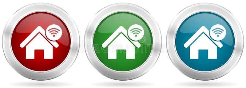 Internet, Home, House Vector Icon Set. Red, Blue and Green Silver ...