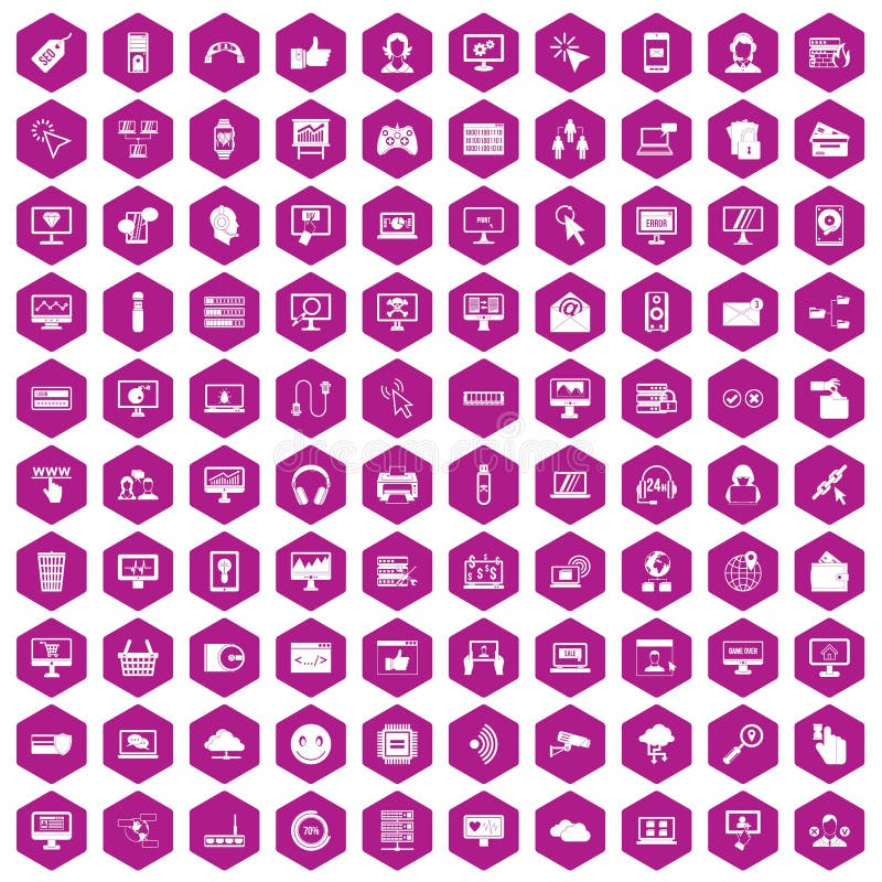 100 Internet Icons Hexagon Violet Stock Vector - Illustration of cursor ...