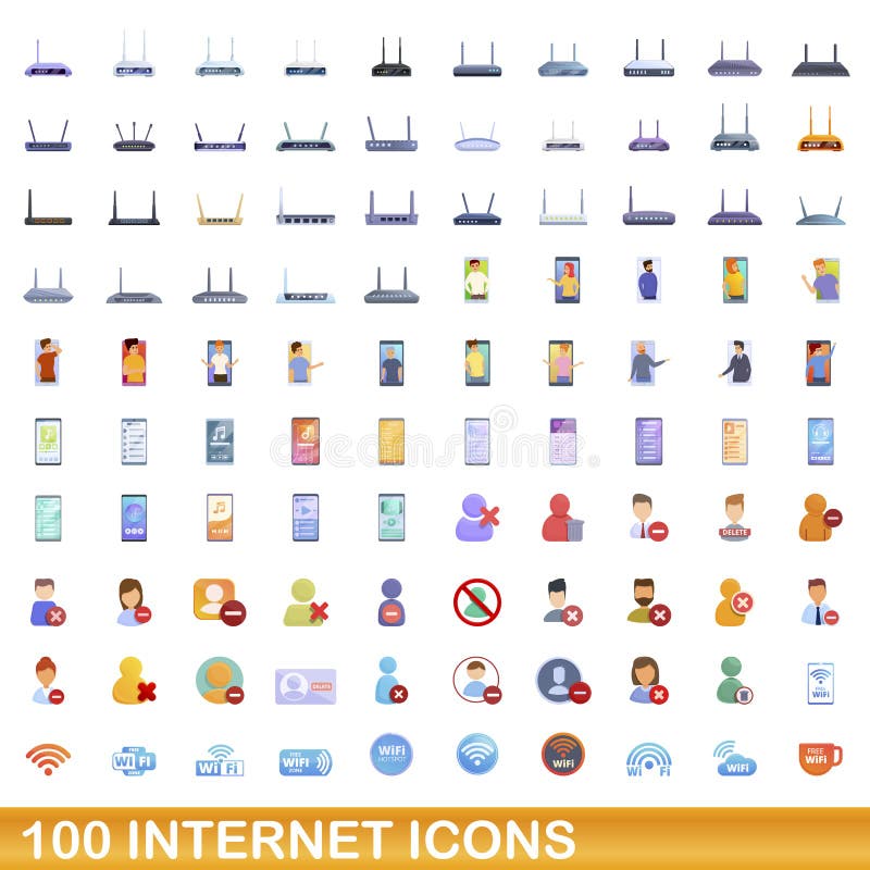100 Internet Icons Set, Cartoon Style Stock Vector - Illustration of ...