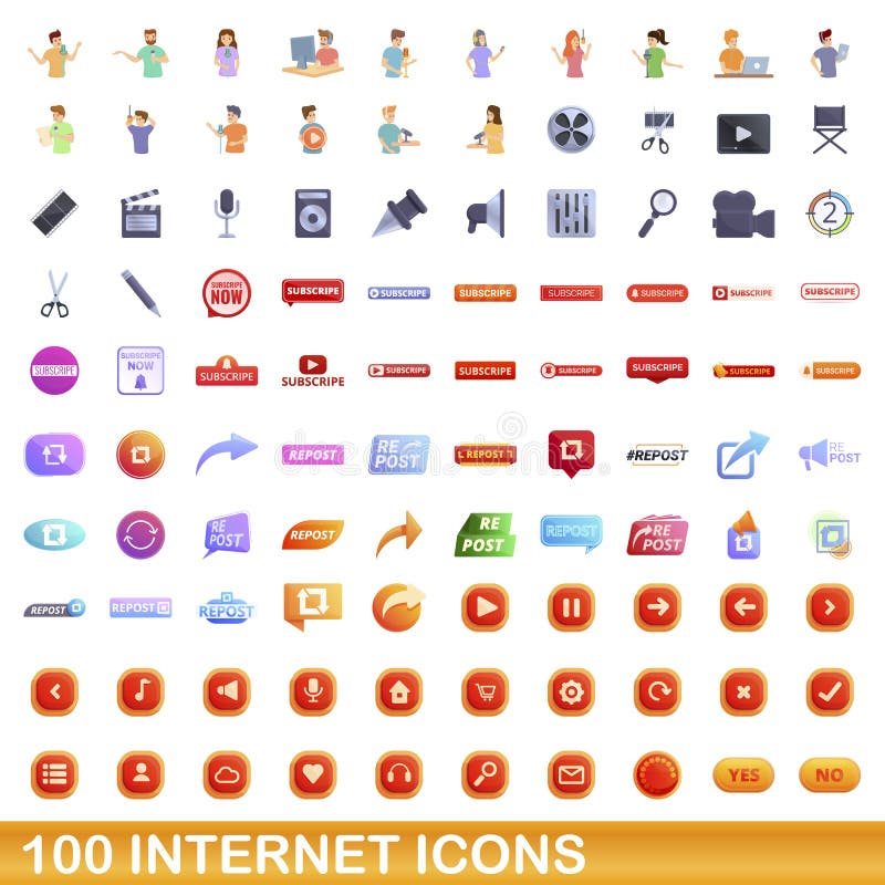 100 Internet Icons Set, Cartoon Style Stock Illustration - Illustration ...