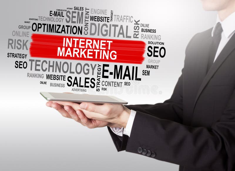 Internet Marketing Concept, Young Man Holding a Tablet Computer Stock ...