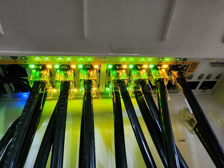 The Internet Network Cable on a Router is Glowing Green Stock Image ...