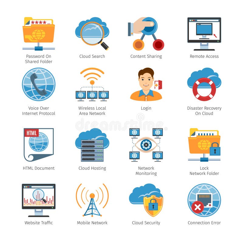 Internet and Network Flat Icons Set Stock Vector - Illustration of ...