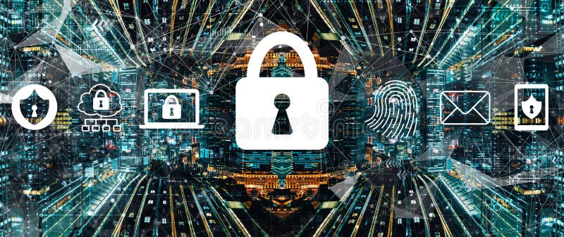 Internet Network Security Concept with Abstract Night Cityscape Stock ...