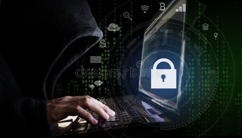 Internet Network Security System. Hacker in Black Hoodie Using Computer ...