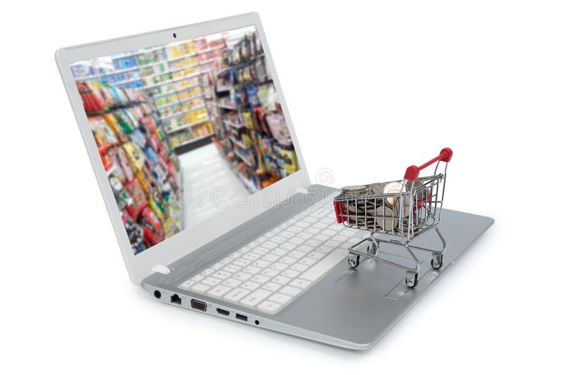 Internet Online Shopping Concept with Computer and Cart Stock Image ...