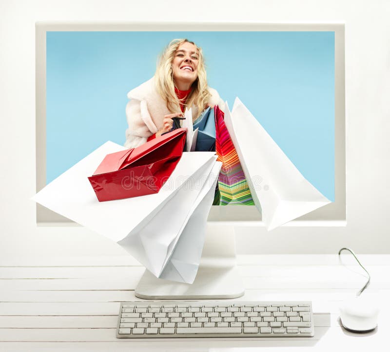 Internet Online Shopping Concept with Computer and Cart Stock Image ...