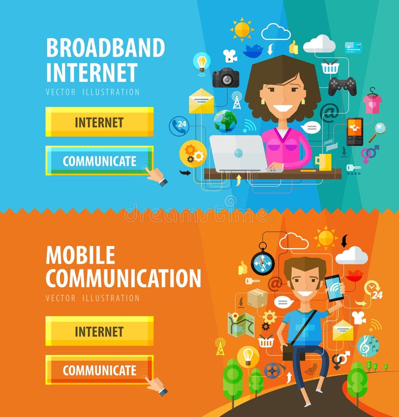 Internet Communication, Network. People Messaging Cartoon Vector ...