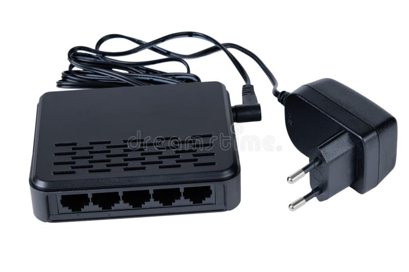 Wi-Fi Router with Power Adapter and Cable on Black Stock Photo - Image ...