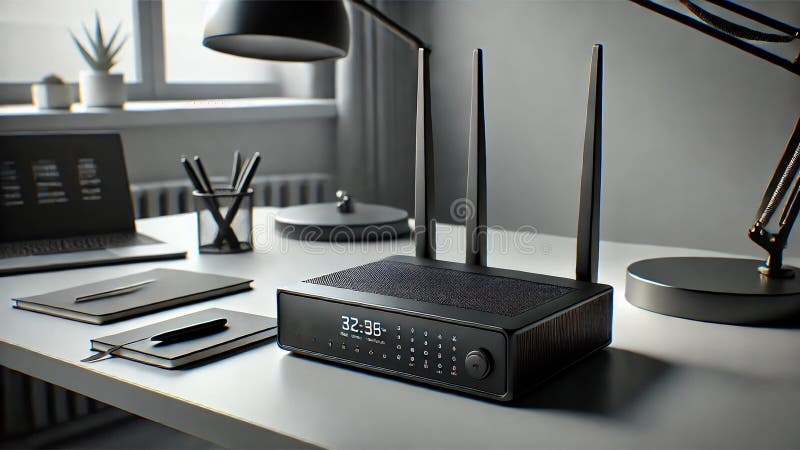 Modern Internet Router on Desk in Home Office Setting Stock ...