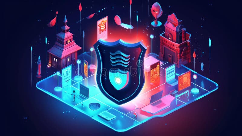 Internet Safety and Data Privacy with a Digital Shield Surrounded by a ...