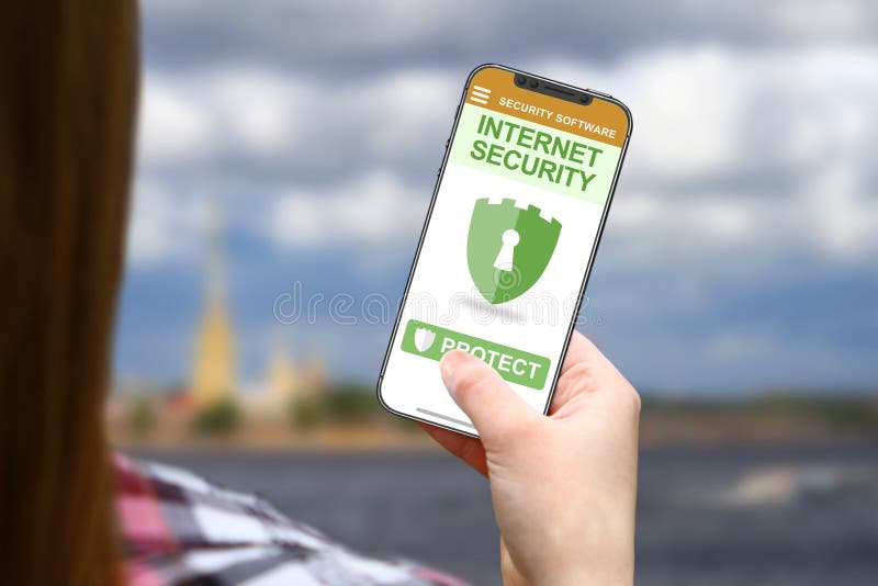 Internet Security Idea, Girl with Frameless Phone on Blurred Clouds ...