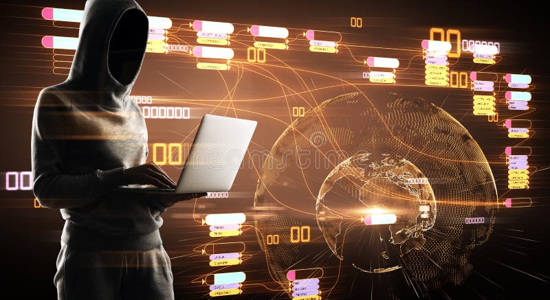 Internet Security Concept with Hacker at Digital Map with Node Tree and ...