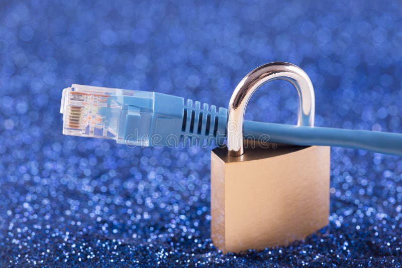 Internet Security Concept. Padlock with Internet Cable Over Blue ...