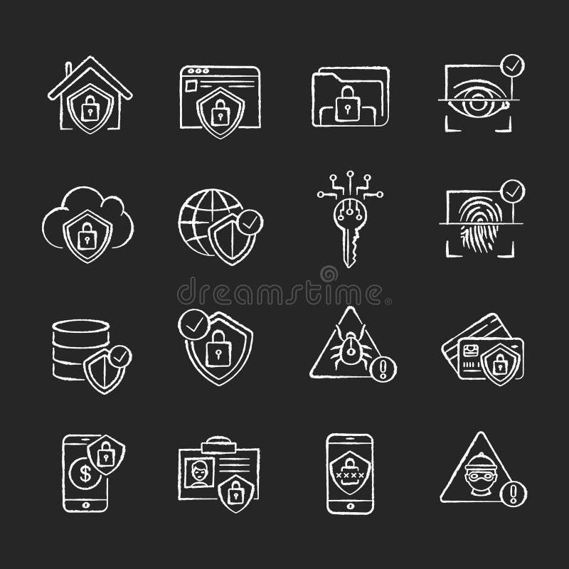 Internet Security System Chalk White Icons Set on Black Background ...