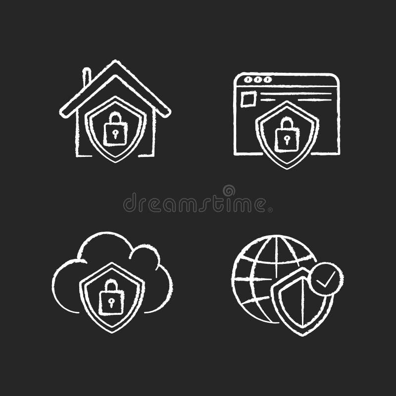 Internet Security System Chalk White Icons Set on Black Background ...
