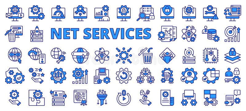 Internet Services, Icons in Line Design Blue. Internet, Services ...