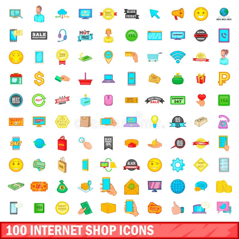 100 Internet Shop Icons Set, Cartoon Style Stock Vector - Illustration ...