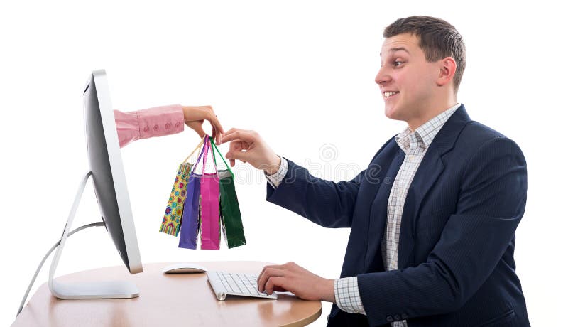 Internet Shopping and Delivery Young Man Gets Purchases Stock Photo ...