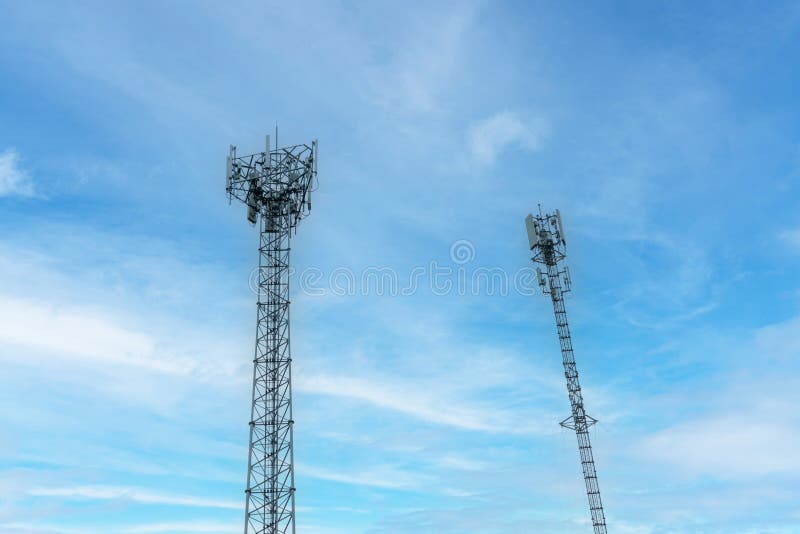 Internet Signal Tower or Mobile Phone Signal Tower Isolated on Blue Sky ...
