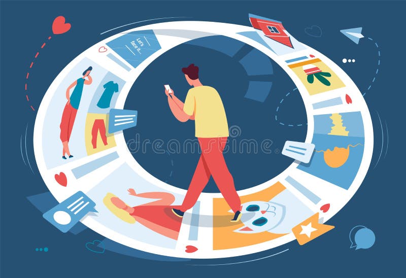 Internet or Social Media Addiction, Character Scrolling through App ... Internet or Social Media Addiction, Character Scrolling through App ...