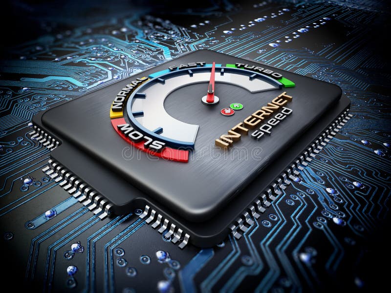 Internet Speed Dial on Computer Chip Standing on Blue PCB. 3D ...