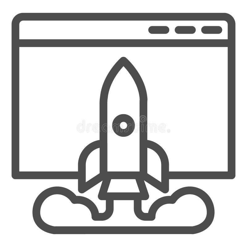 Internet Startup Browser Window Line Icon. Web Page with Rocket Launch ...
