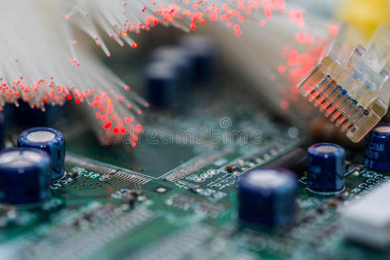 Internet Switch on Focus, Glowing Optical Fibres on Computer Circuit ...