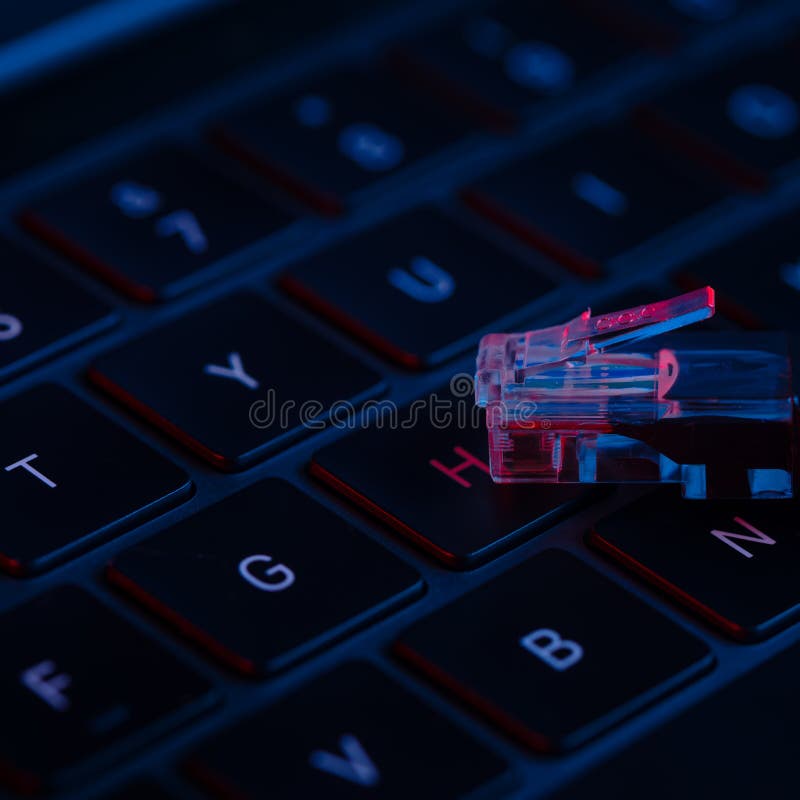 Internet Switch on a Laptop Keyboard with Neon Lights. Close-up View ...
