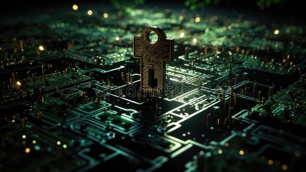 Internet Technology and Information Security Concept: Key on Dark Blue Digital Computer ...