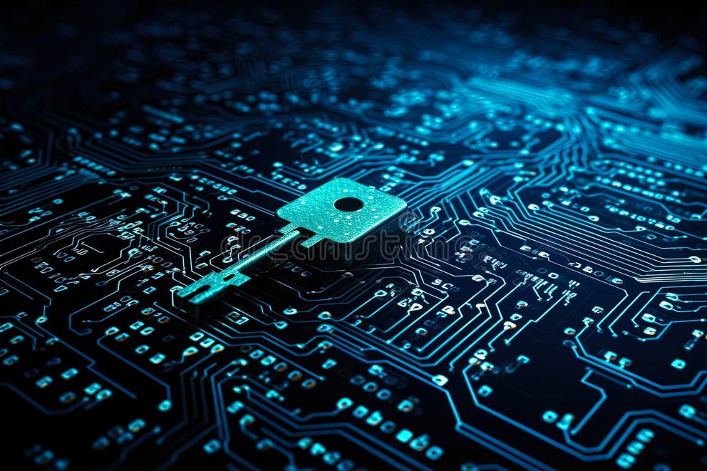 Internet Technology, Information Security and Web Access Concept. Blue Key on Dark Computer ...